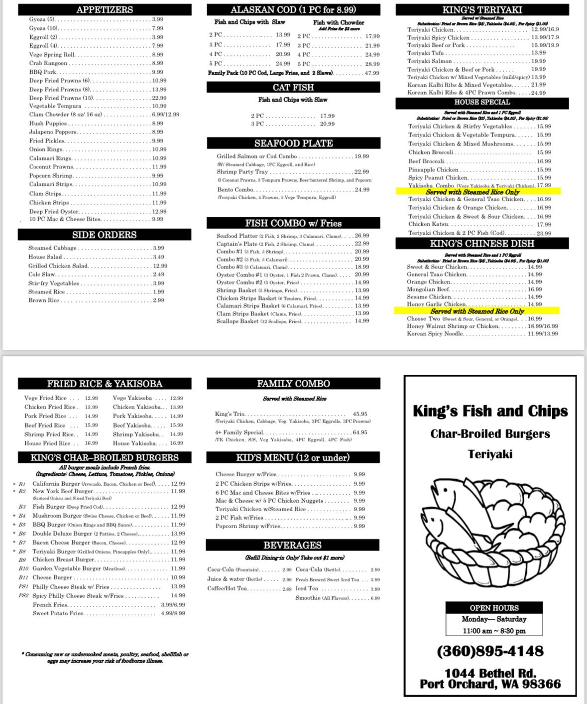 Menu at King's Fish & Chips restaurant, Port Orchard