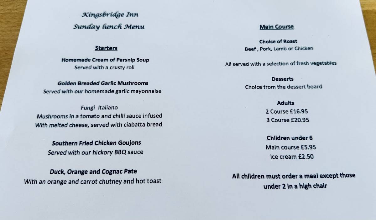 Menu at Kingsbridge Inn pub & bar, Llangennech, Swansea Rd