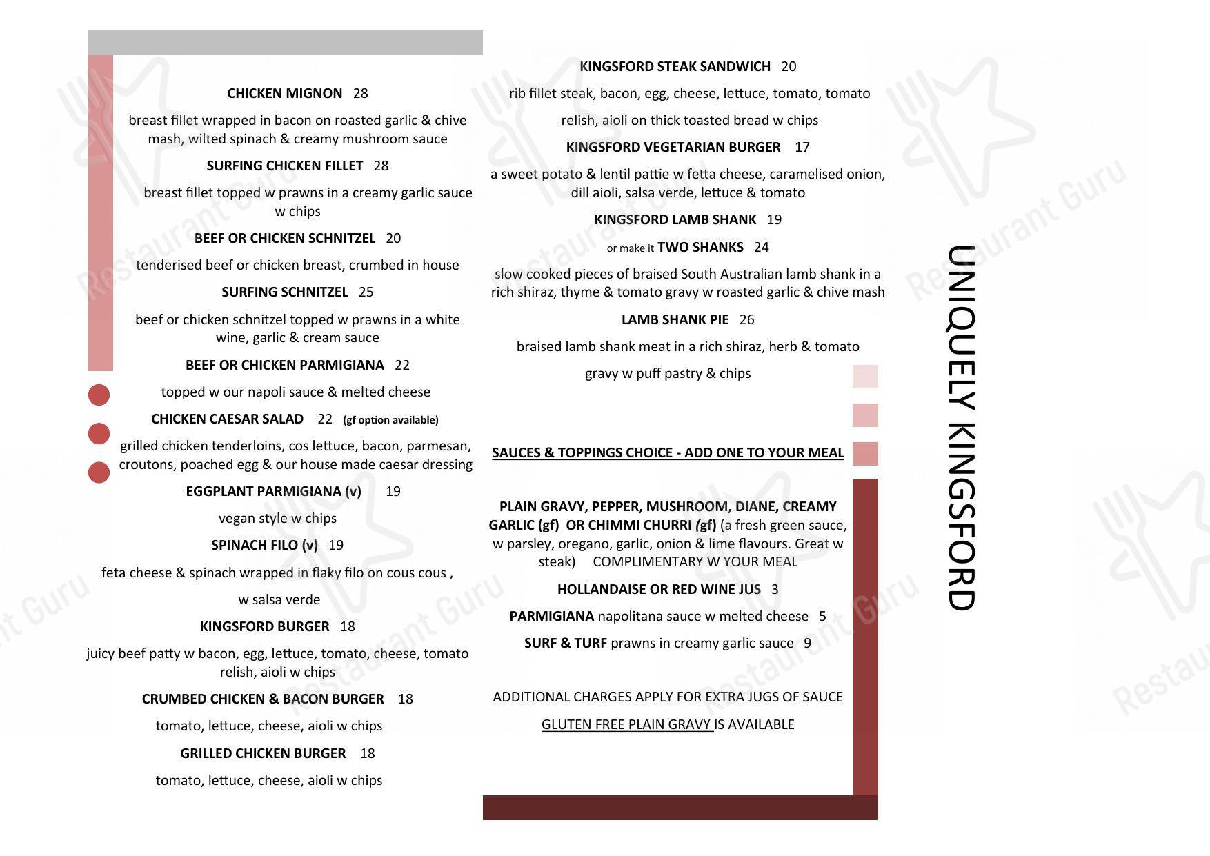 Menu at Kingsford Hotel pub & bar, Gawler, 32 Murray St