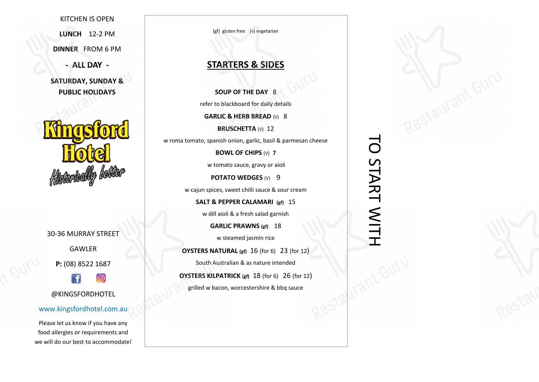 Menu at Kingsford Hotel pub & bar, Gawler, 32 Murray St