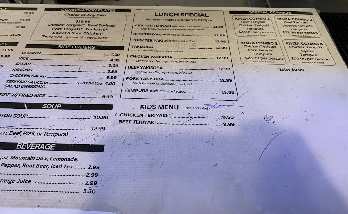 Menu at Kinza Teriyaki restaurant, Spanaway, Mountain Hwy E