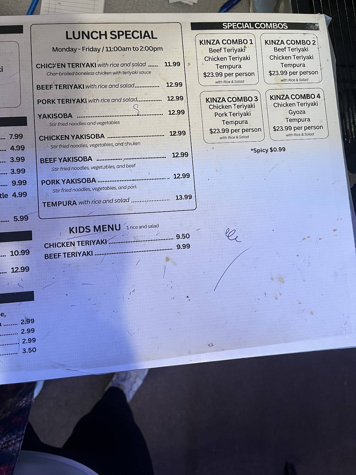 Menu at Kinza Teriyaki restaurant, Spanaway, Mountain Hwy E