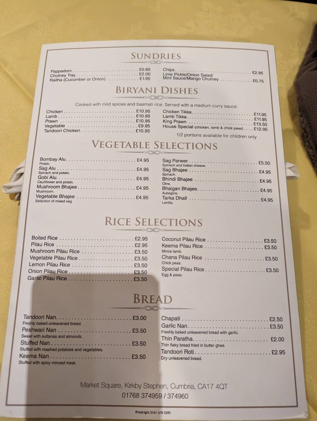Menu at The Mango Tree restaurant, Kirkby Stephen
