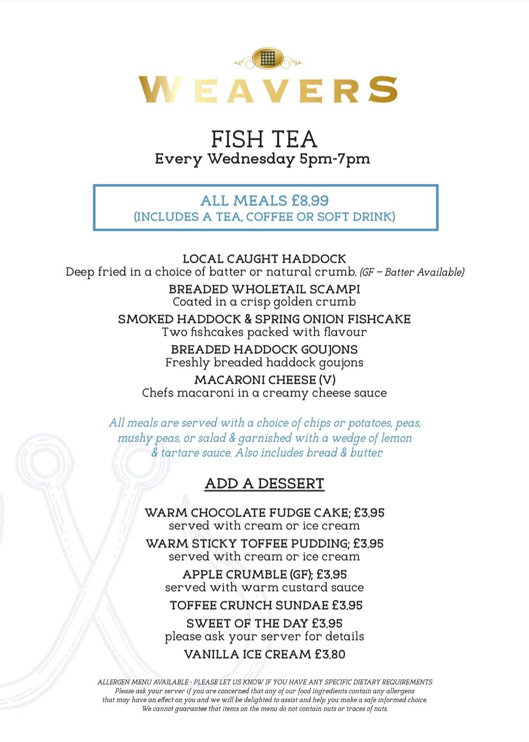 Menu at Weavers Bar, Kirkcaldy