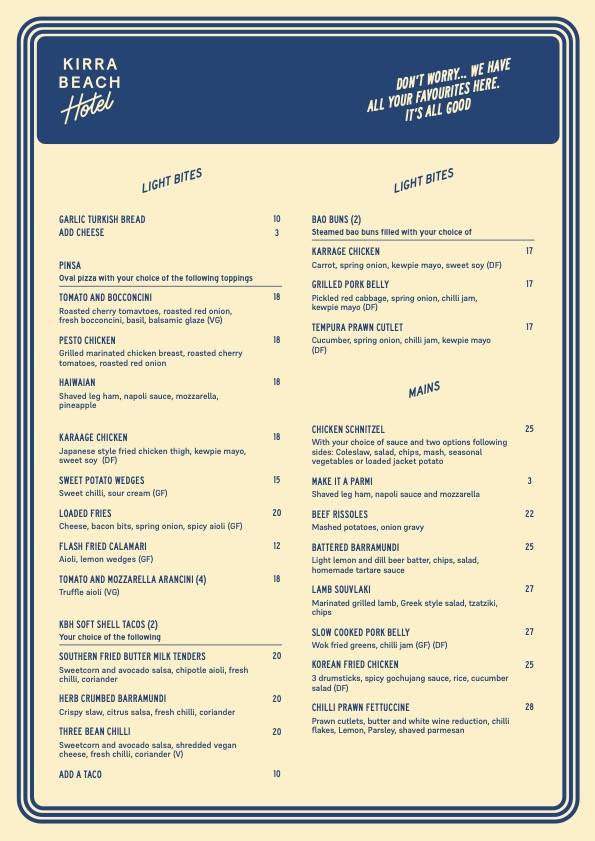 Menu at Kirra Beach Hotel fast food, Coolangatta, 2 Marine Parade