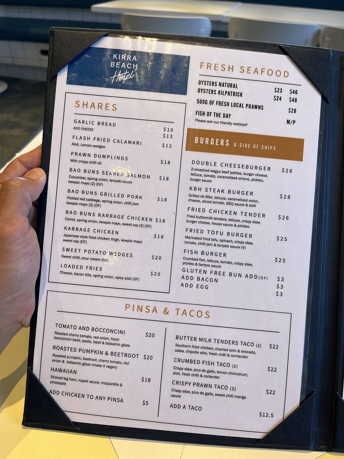 Menu at Kirra Beach Hotel fast food, Coolangatta, 2 Marine Parade