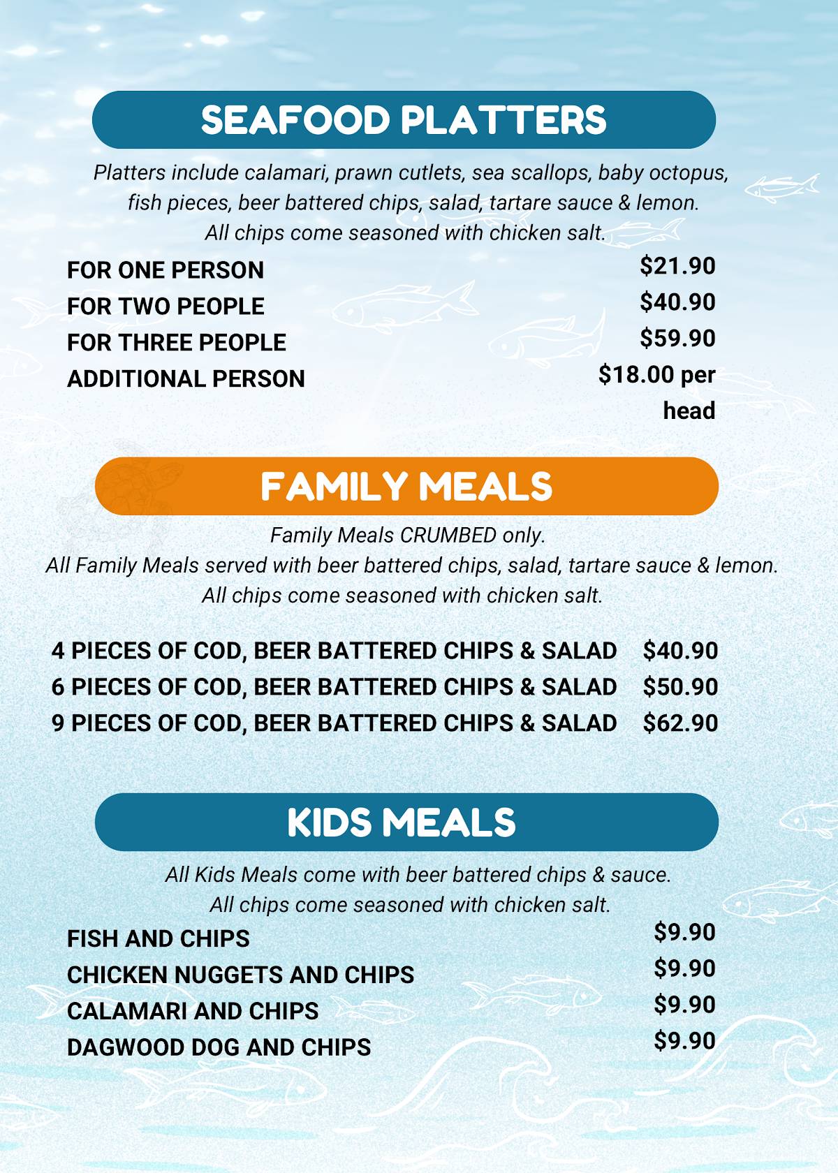 Menu at Kiss My Fish Rochedale restaurant, Rochedale South, 549 ...