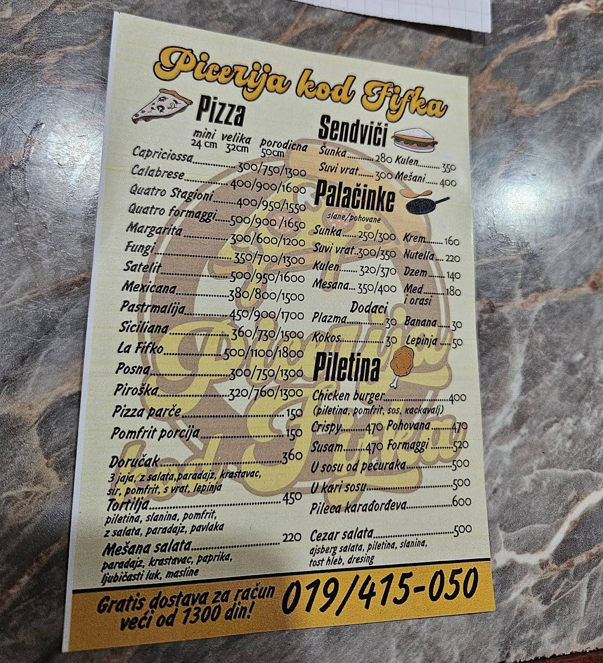 Menu at Kod Fifka restaurant, Zaječar