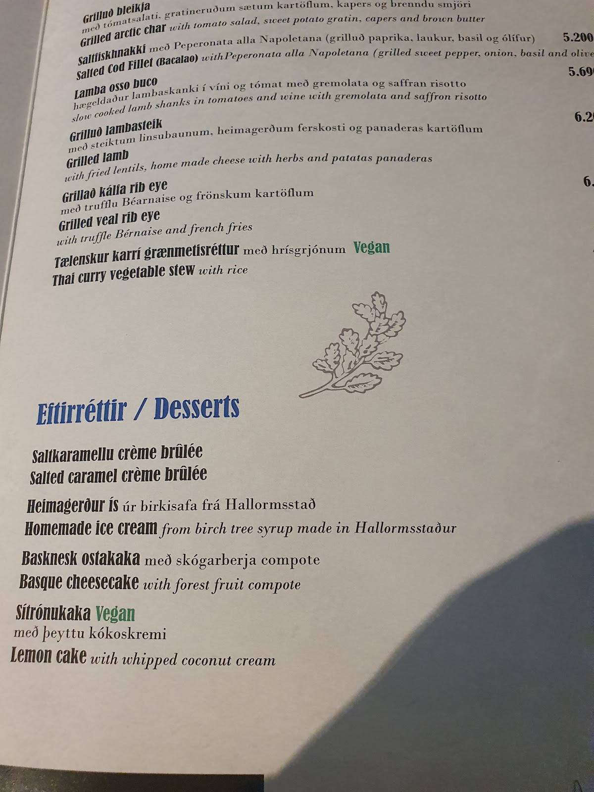 Carta de Kol Bar & Bistro, Islandia