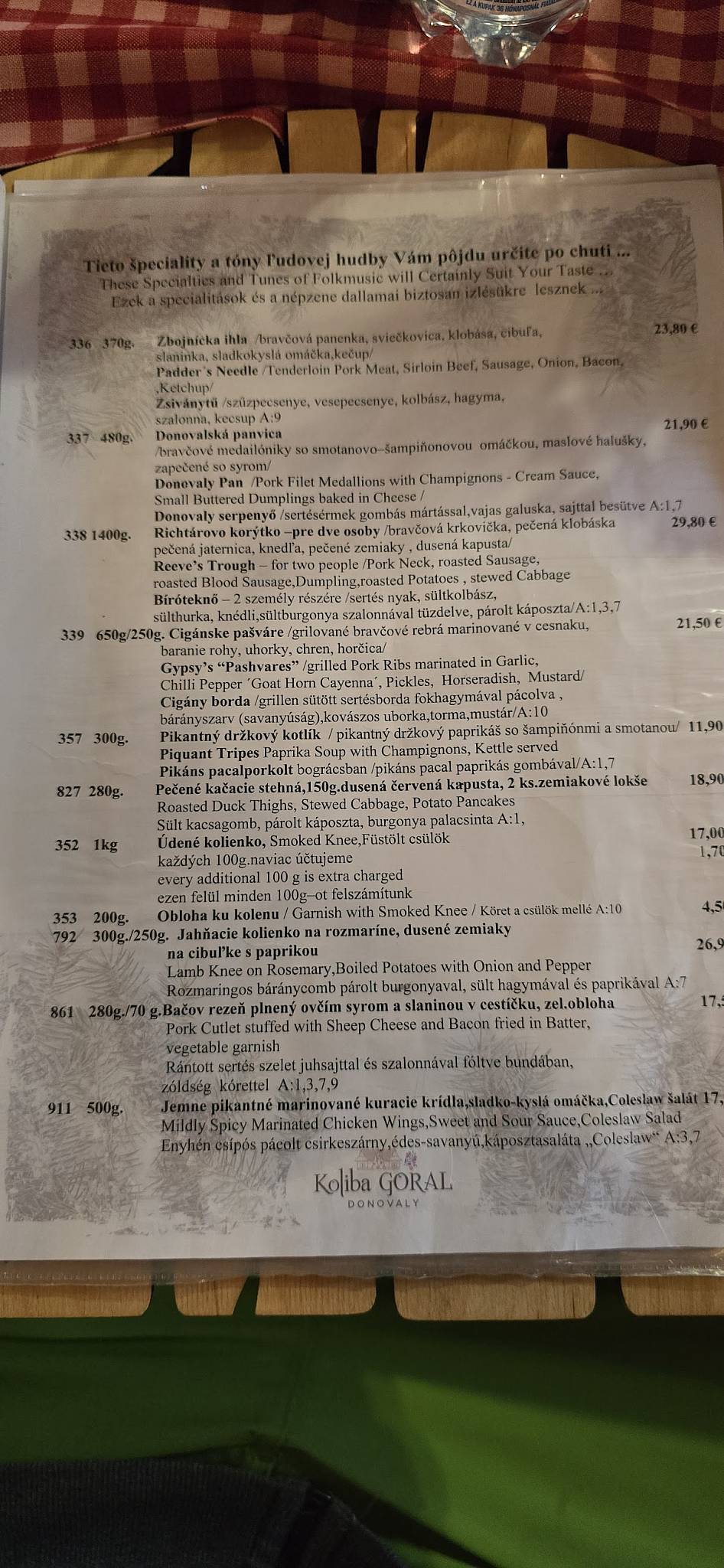 Menu at Koliba Goral restaurant, Donovaly