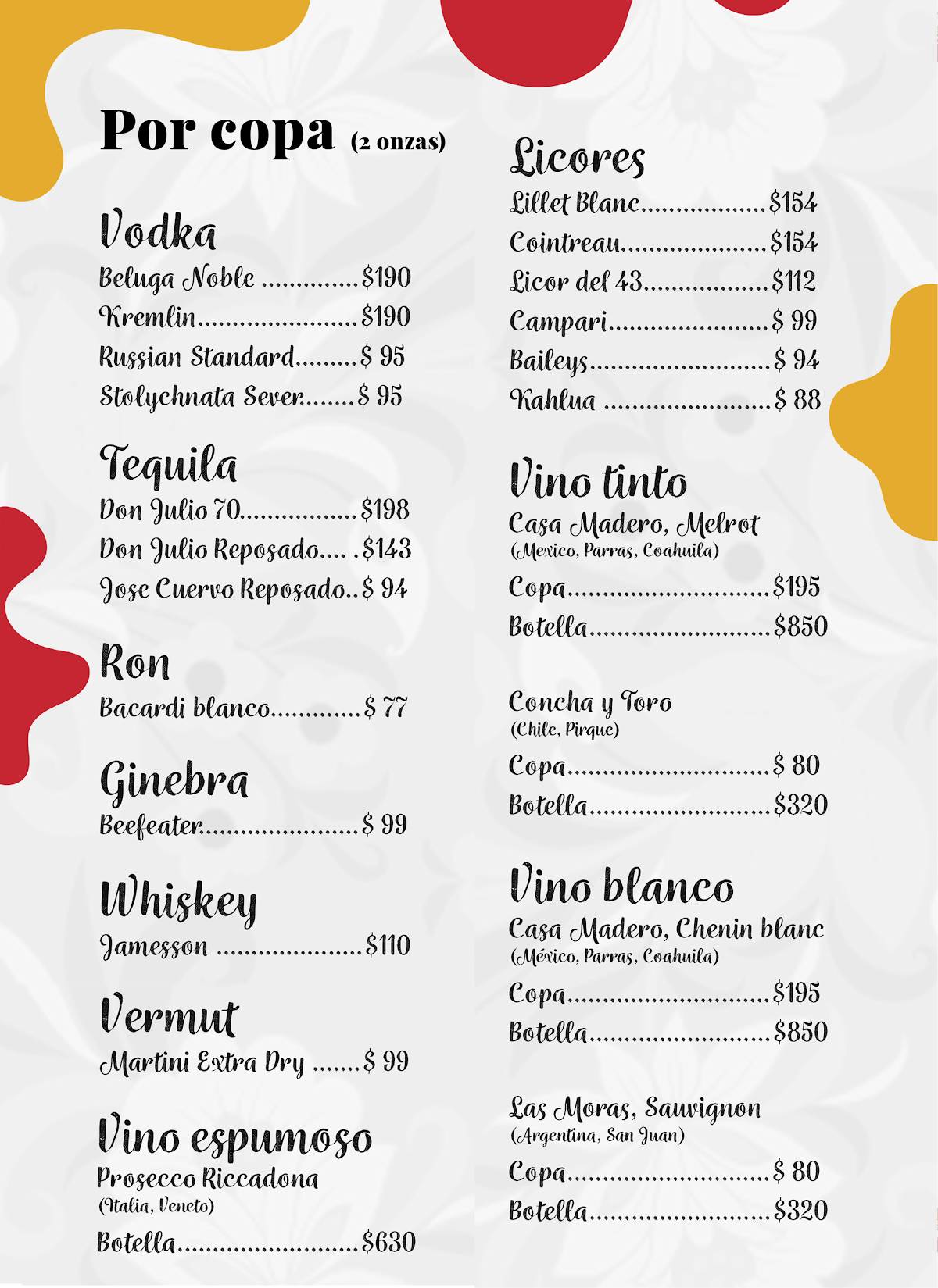 Menu at Kolobok La Terraza Palacio Polanco restaurant, Mexico City