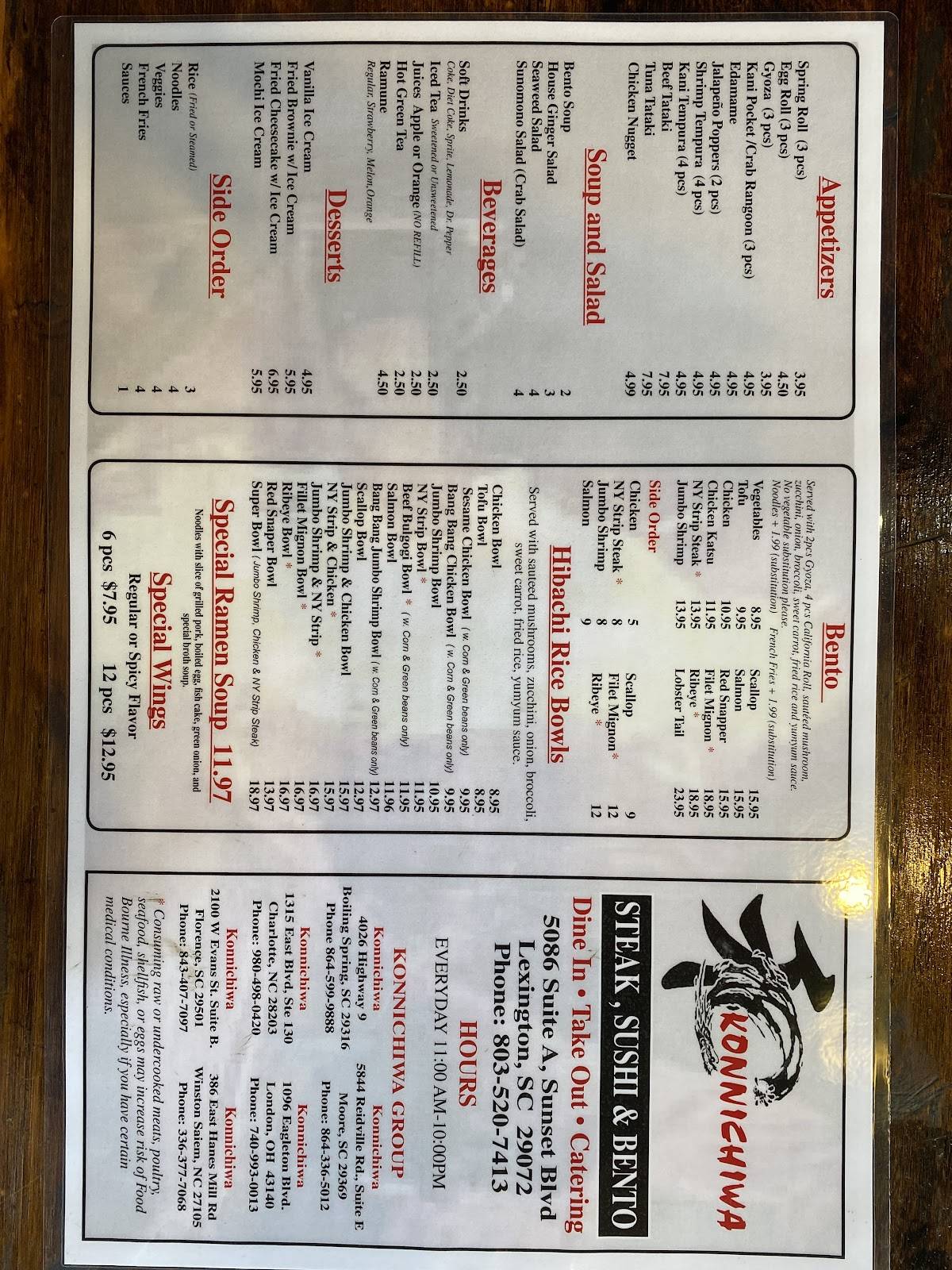 Menu at Konnichiwa of Lexington, SC restaurant, Lexington