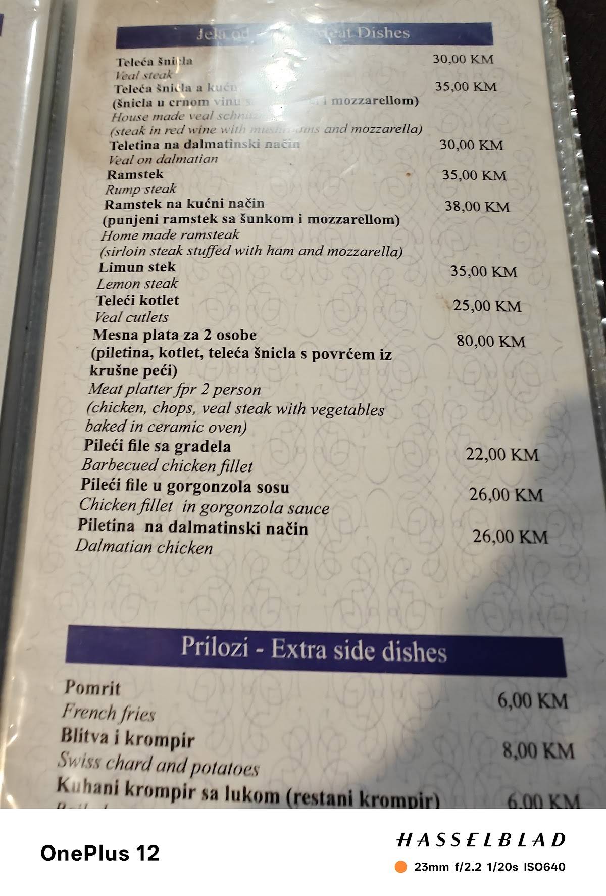 Menu at Konoba Luka Sarajevo restaurant, Sarajevo, Obala Maka Dizdara 8