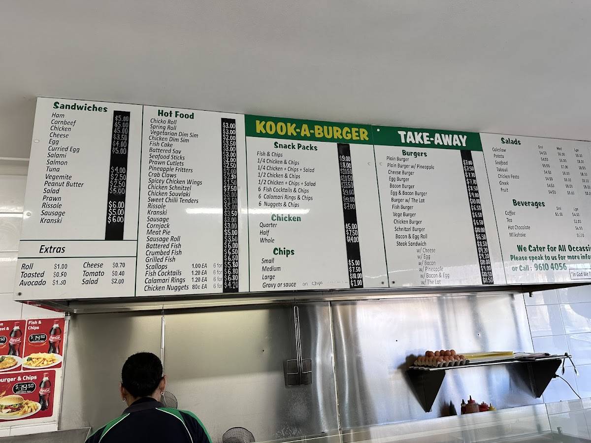 Menu at Kook-A-Burger fast food, Cabramatta