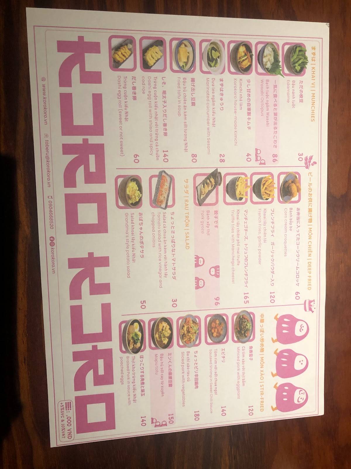 Menu at Korokoro Izakaya restaurant, Ho Chi Minh City