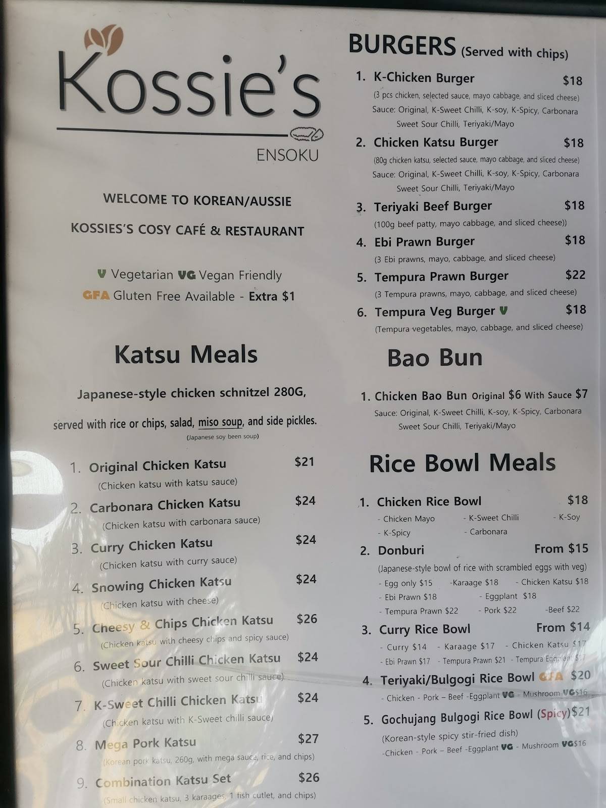 Menu at Kossie's Ensoku restaurant, Bundaberg Central