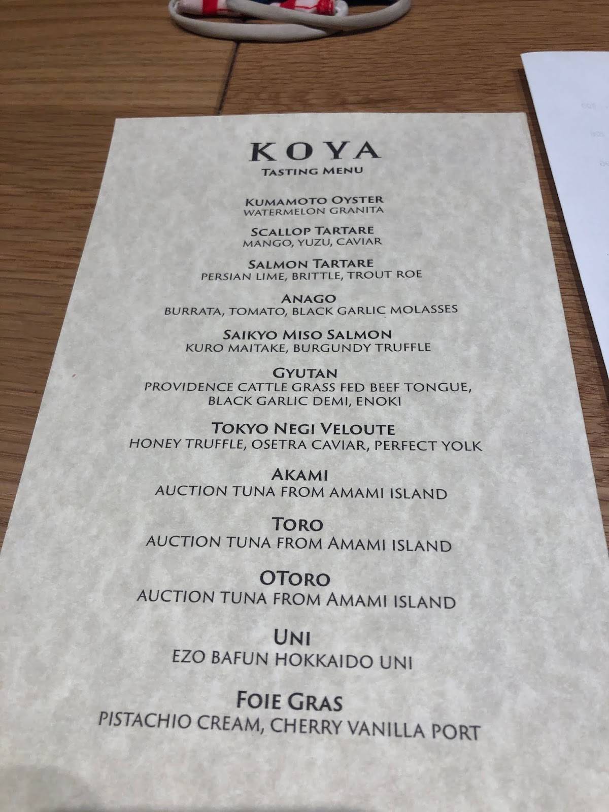 Menu at Koya restaurant, Tampa
