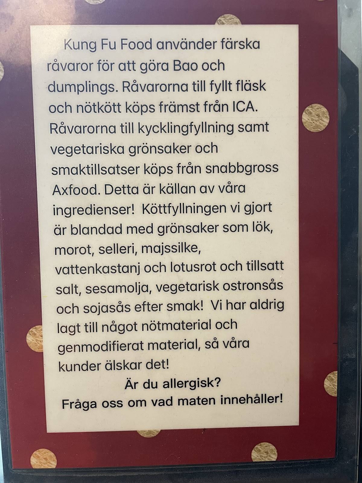 Menu at Kung Food, Malmö