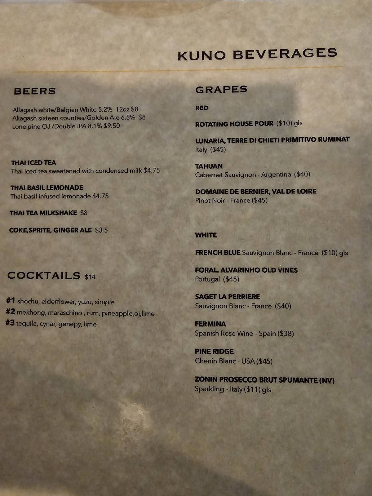 Menu at Kuno restaurant, Portland