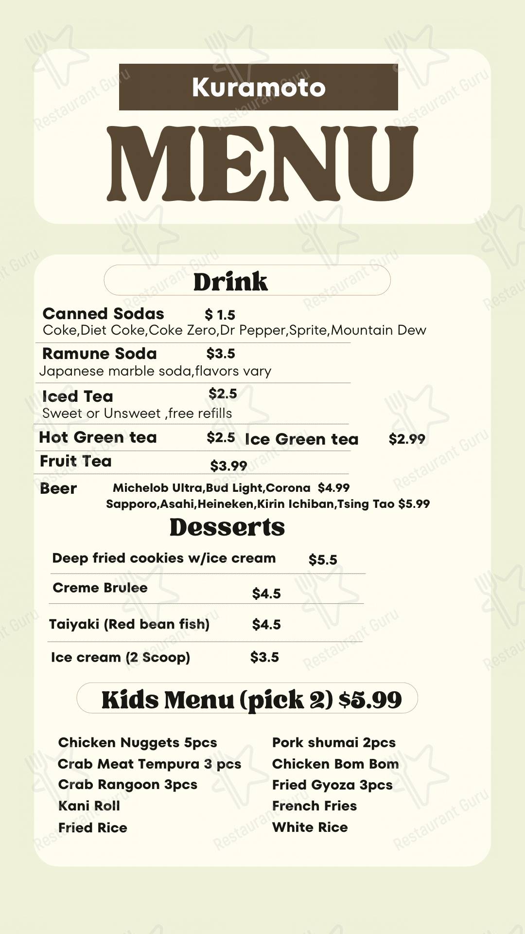 Menu at Kuramoto Japanese Restaurant, Pleasant View