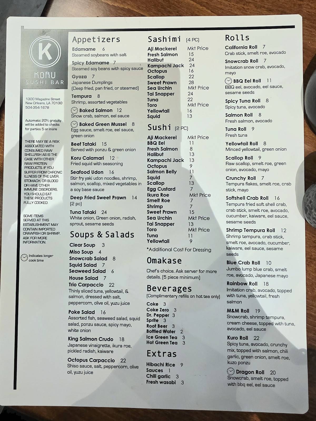 Menu at Kuro Sushi Bar, New Orleans