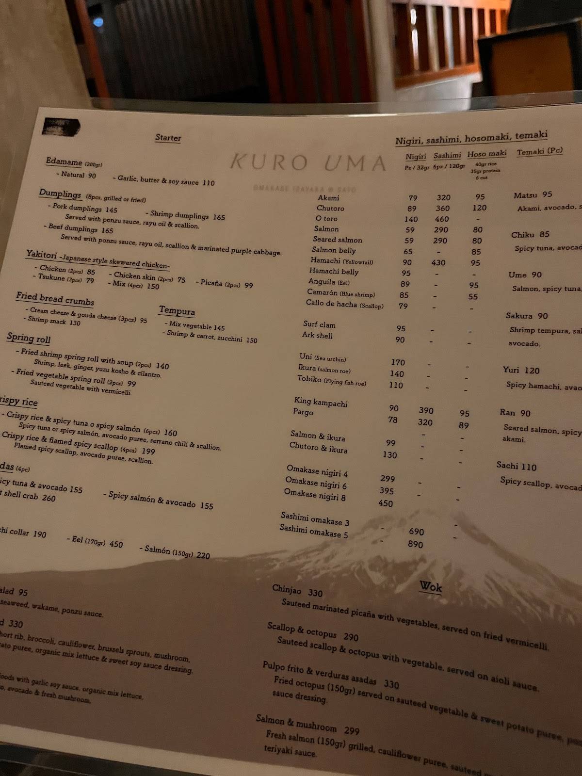 Carta del restaurante Kuro Uma, Merida