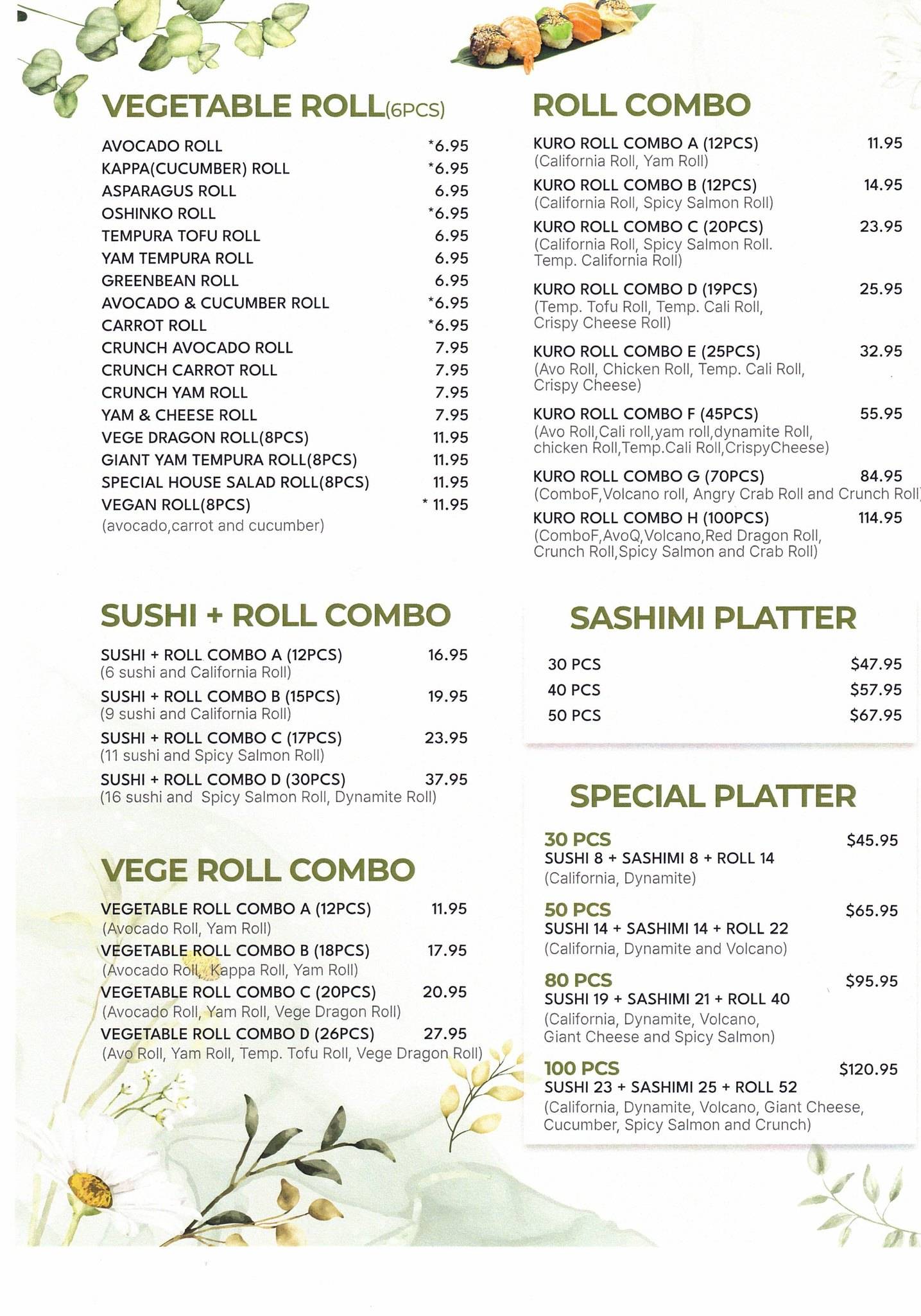 Menu at Kuro sushi restaurant, Shediac
