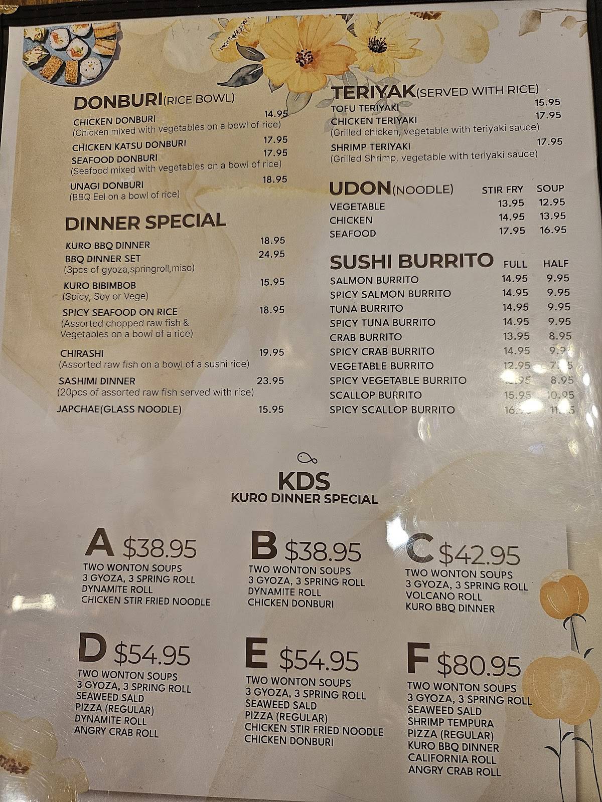 Menu at Kuro sushi restaurant, Shediac