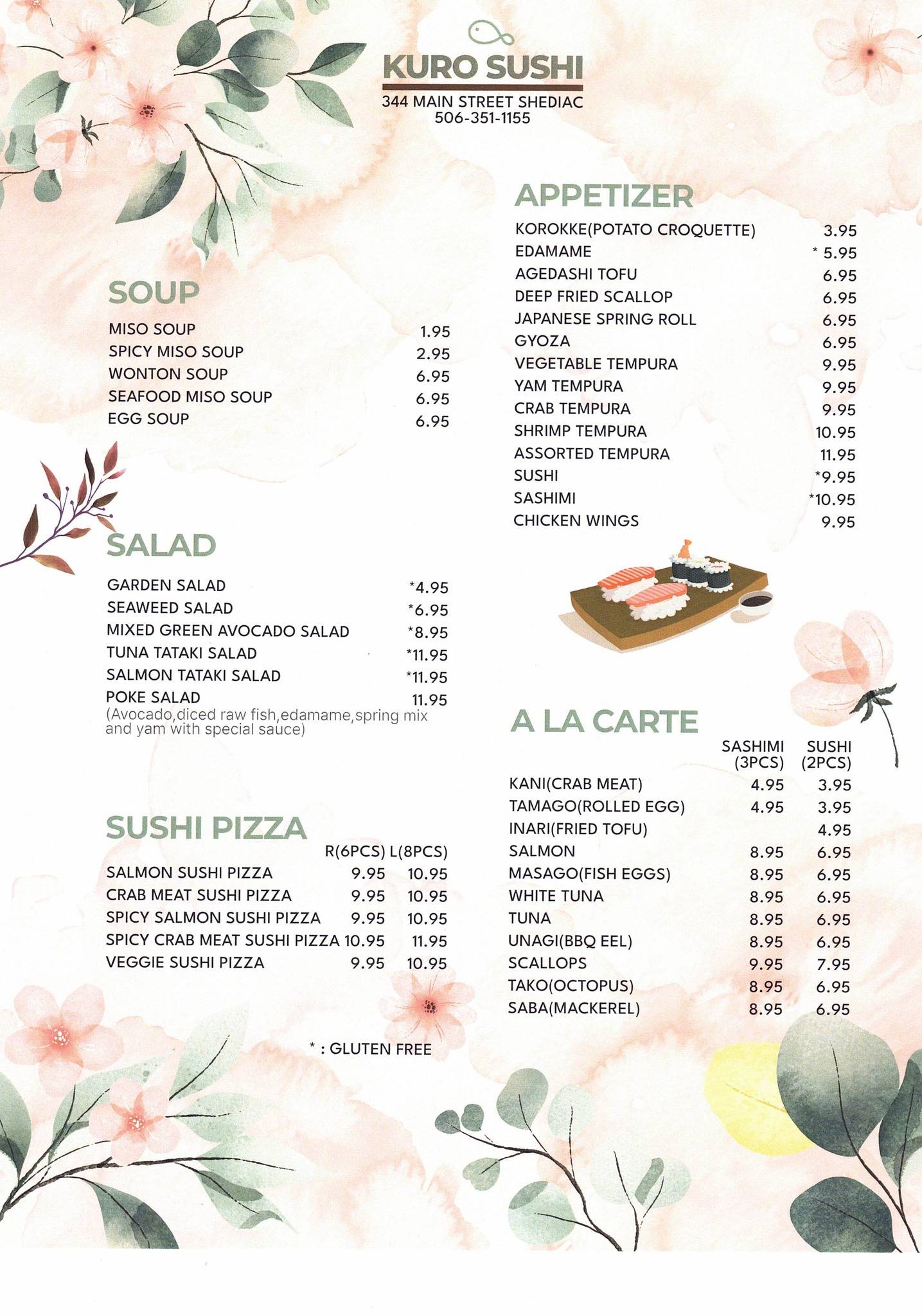 Menu at Kuro sushi restaurant, Shediac