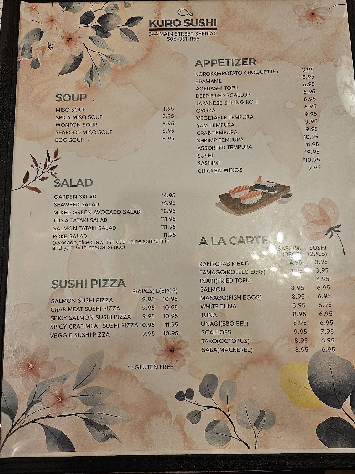 Menu at Kuro sushi restaurant, Shediac