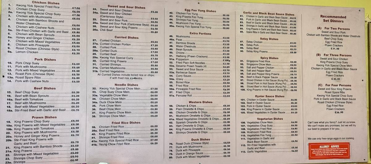 Menu at Kwong Yick restaurant, Carmarthen