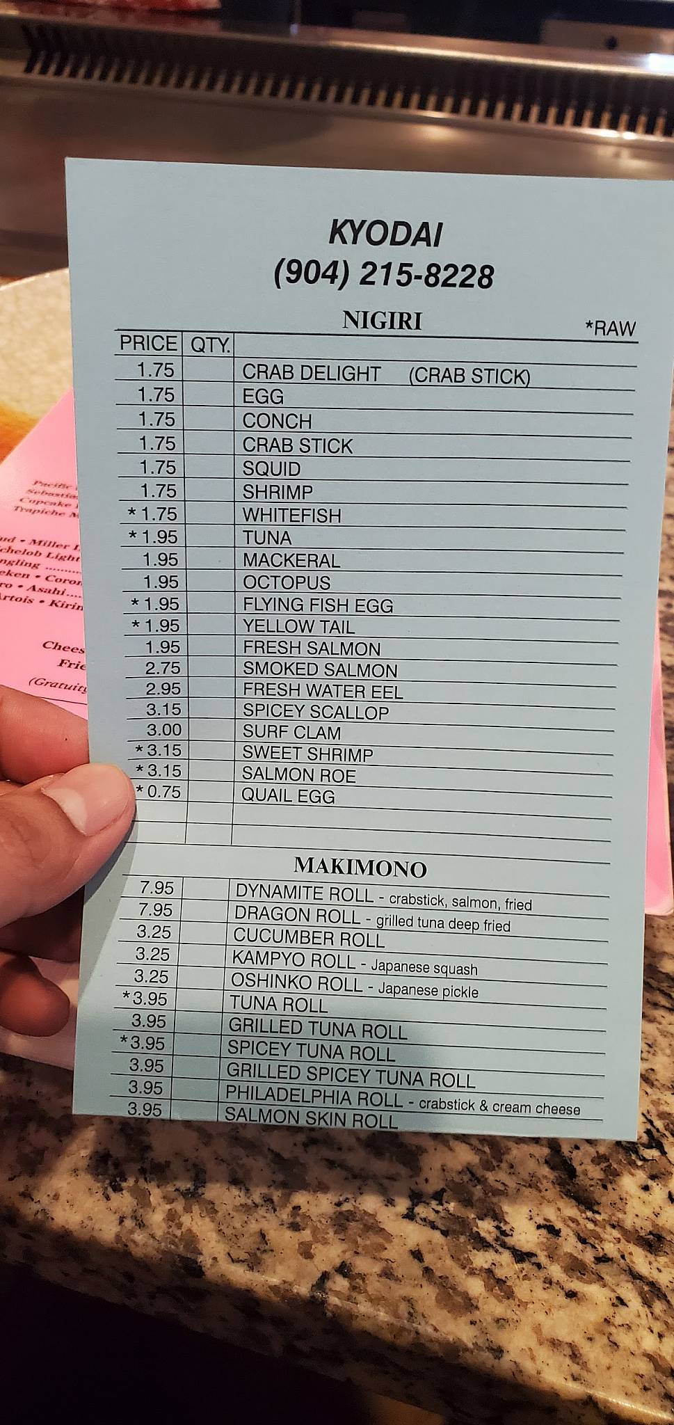 Menu at Kyodai Sushi Rock restaurant, Orange Park