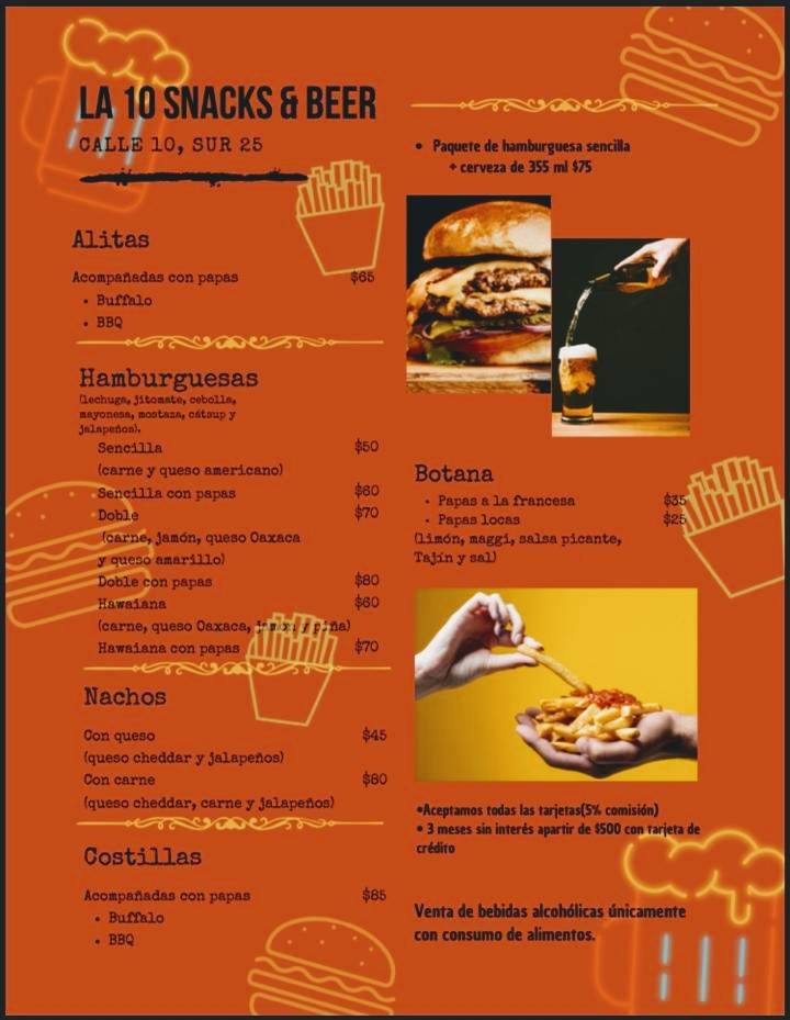Carta del restaurante " LA 10 Snaks & Beer", Mexico