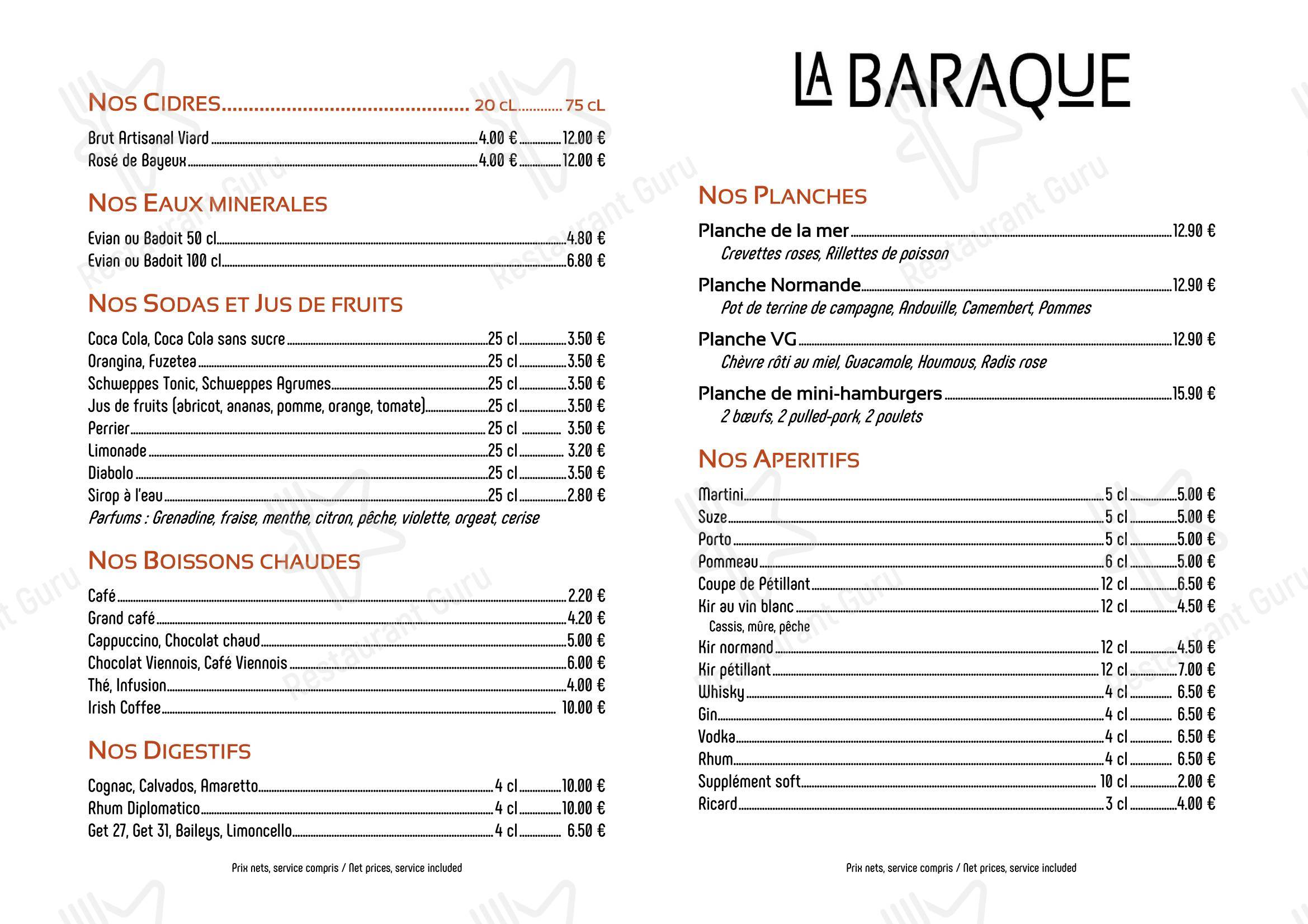 Menu at LA BARAQUE, Ouistreham