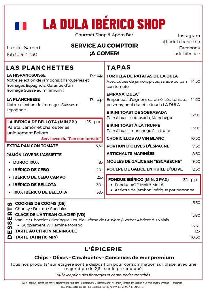 Carta de LA DULA ibérico shop, Ginebra
