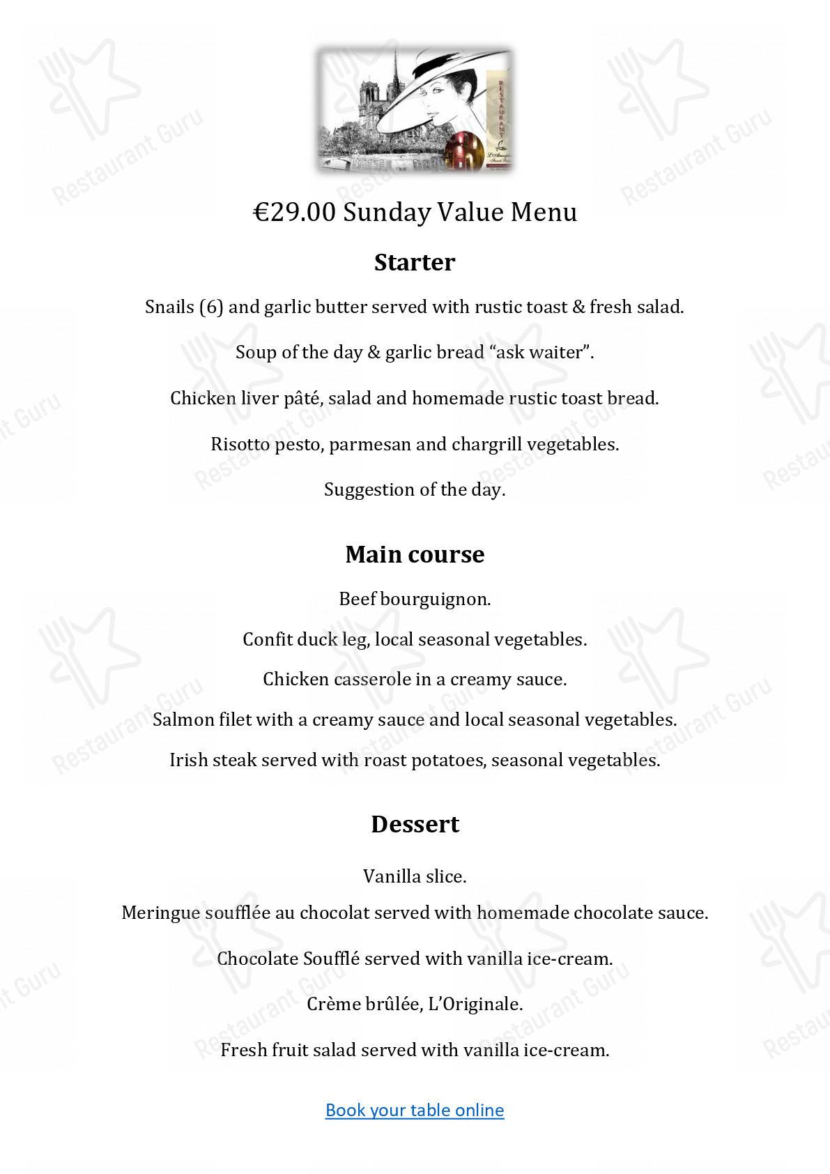 Menu at L'Atmosphere restaurant, Waterford