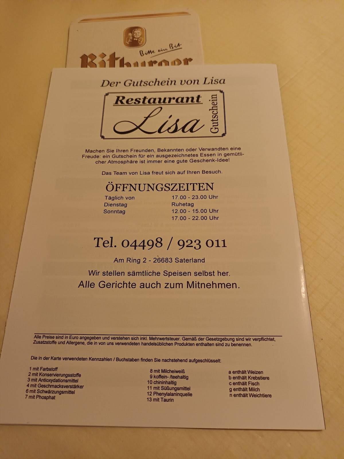 Menu au LISA - Restaurant - Bistro - Lounge, Saterland
