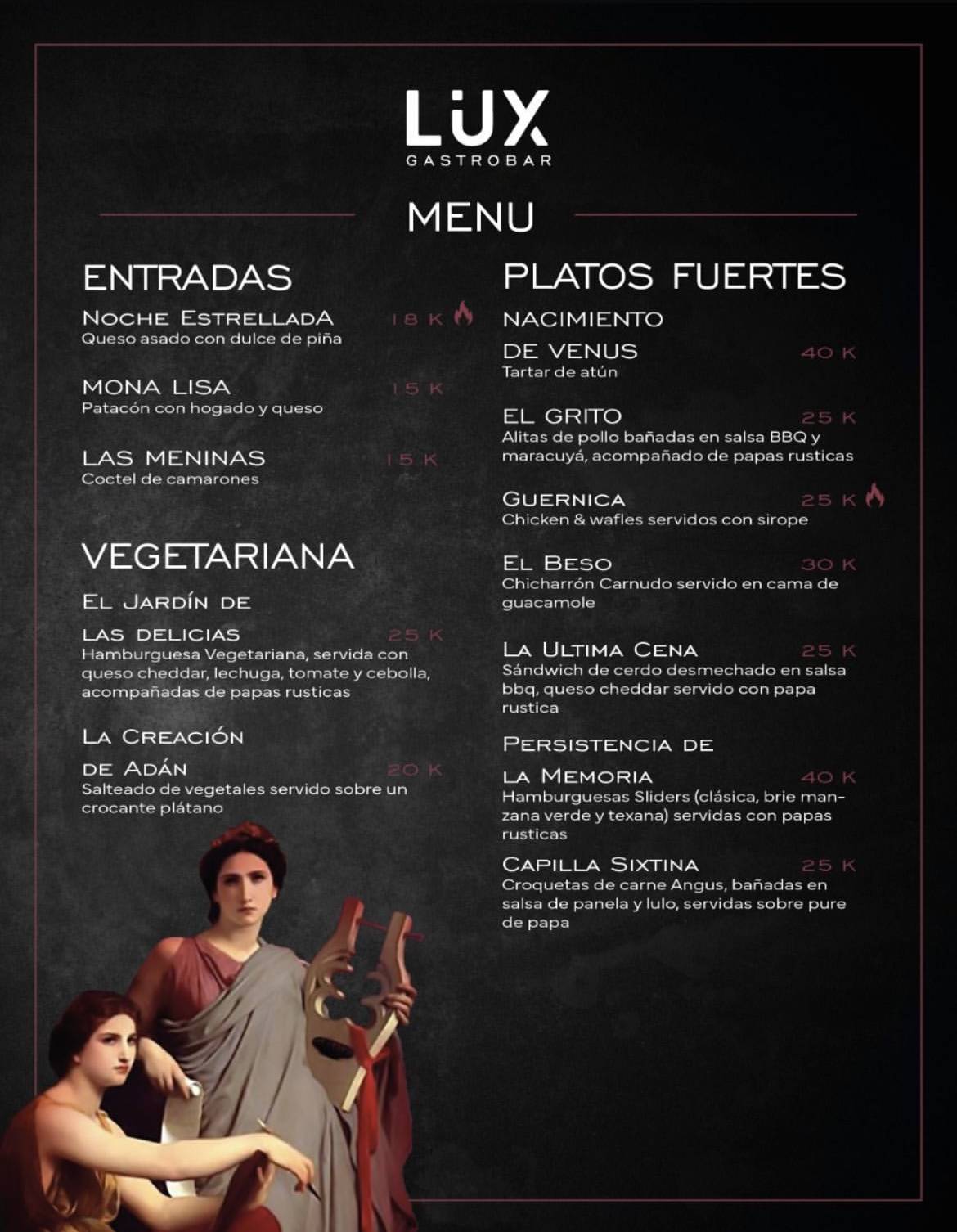Menu at LUX pub & bar, Bogotá