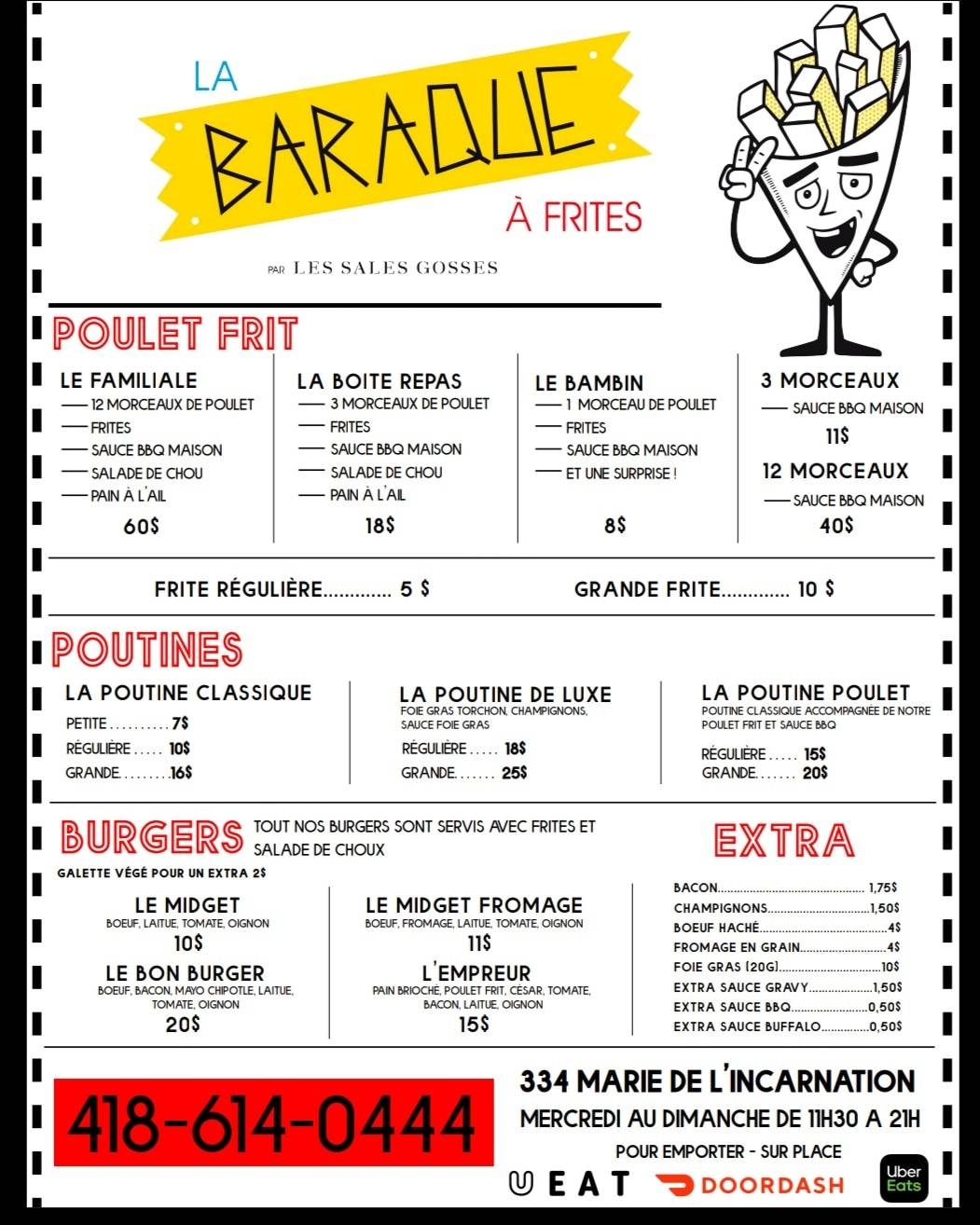 Menu au La Baraque à Frites, Québec