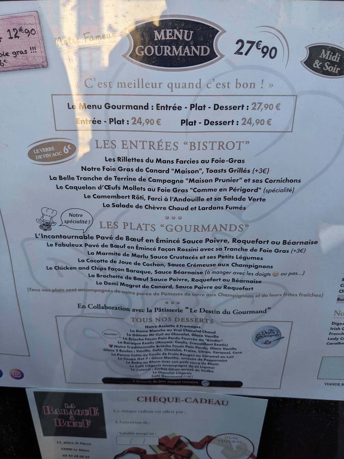 Menu at La Baraque à Bœuf (Le Mans), Le Mans