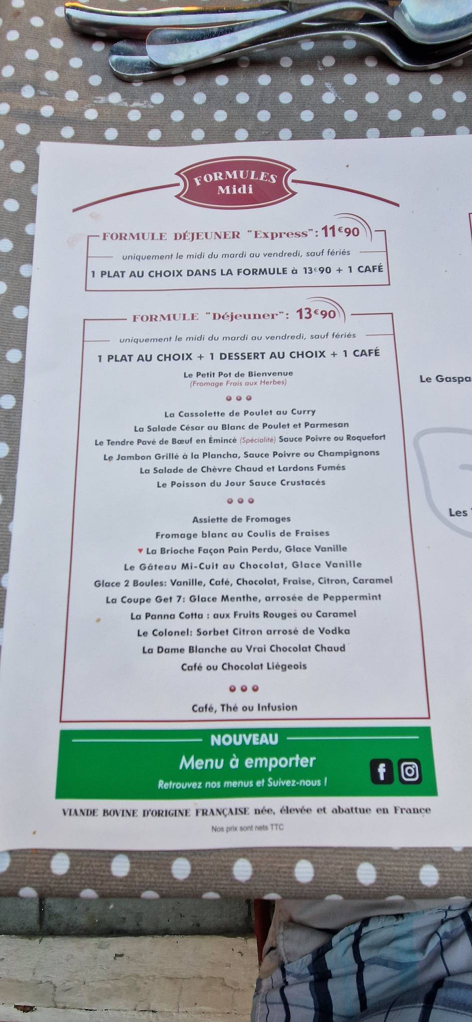 Menu au La Baraque à Bœuf, Le Mans