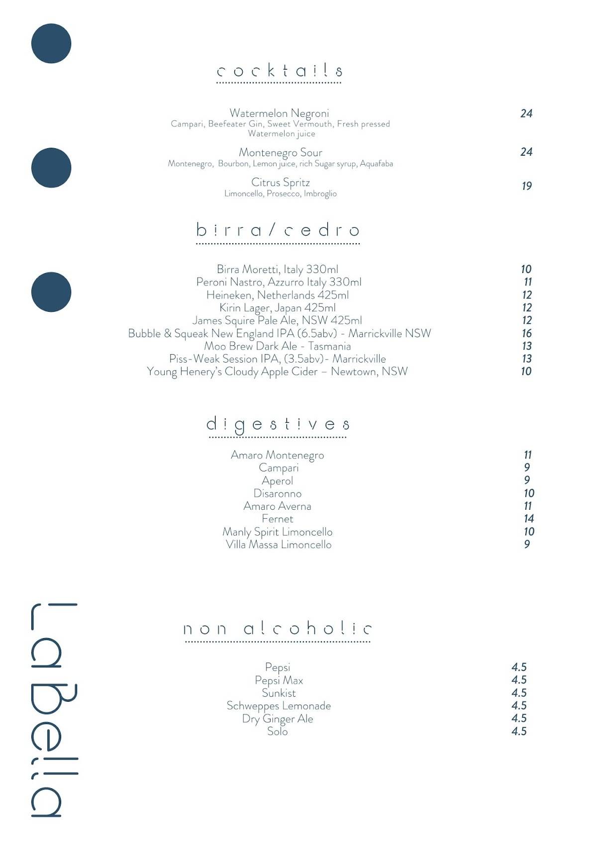 Menu at La Bella Trattoria & Bar, Sydney