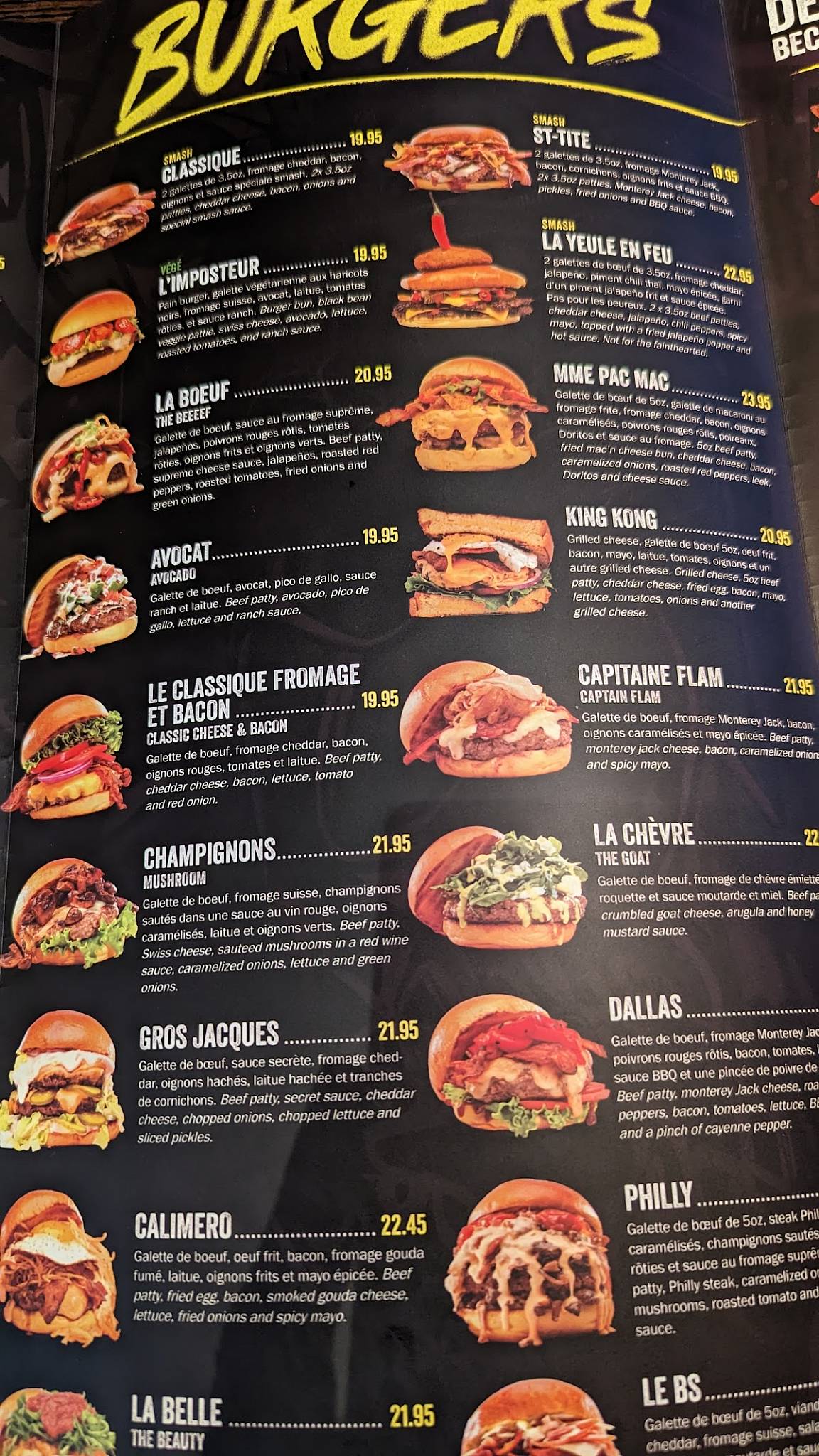 Menu au La Belle & La Boeuf - Burger Bar - Boisbriand, Boisbriand, Av ...