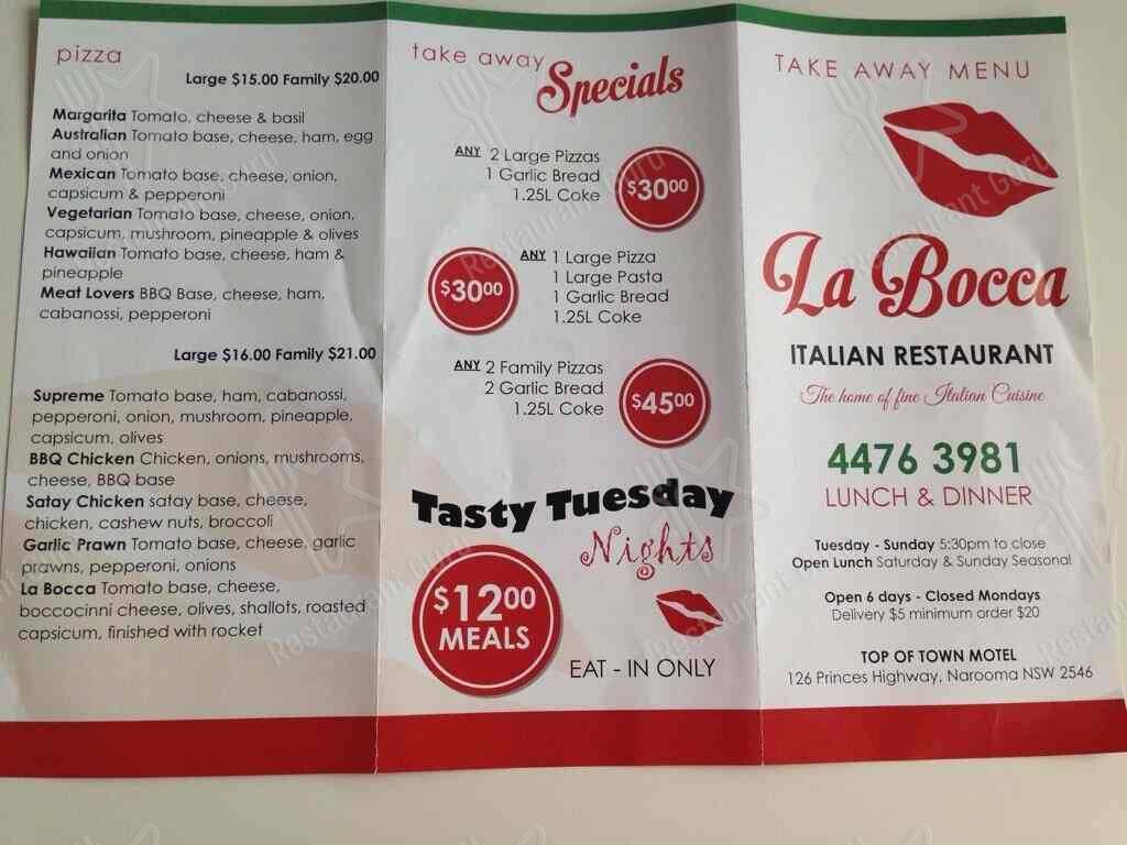 Menu at La Bocca Family Restaurant, Narooma, 44B Princes Hwy