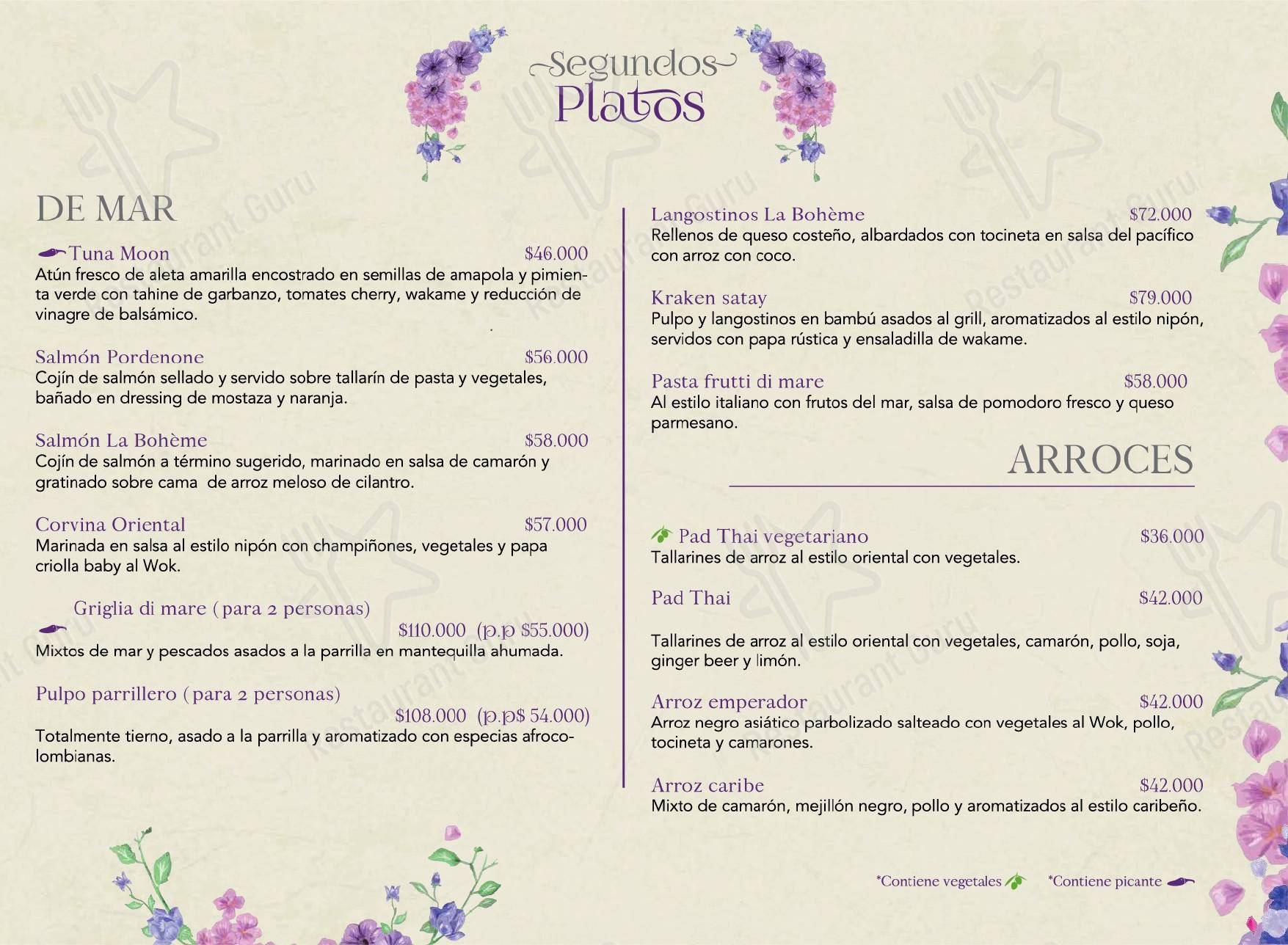 Carta de La Bohème Restaurante-Bar, Cali