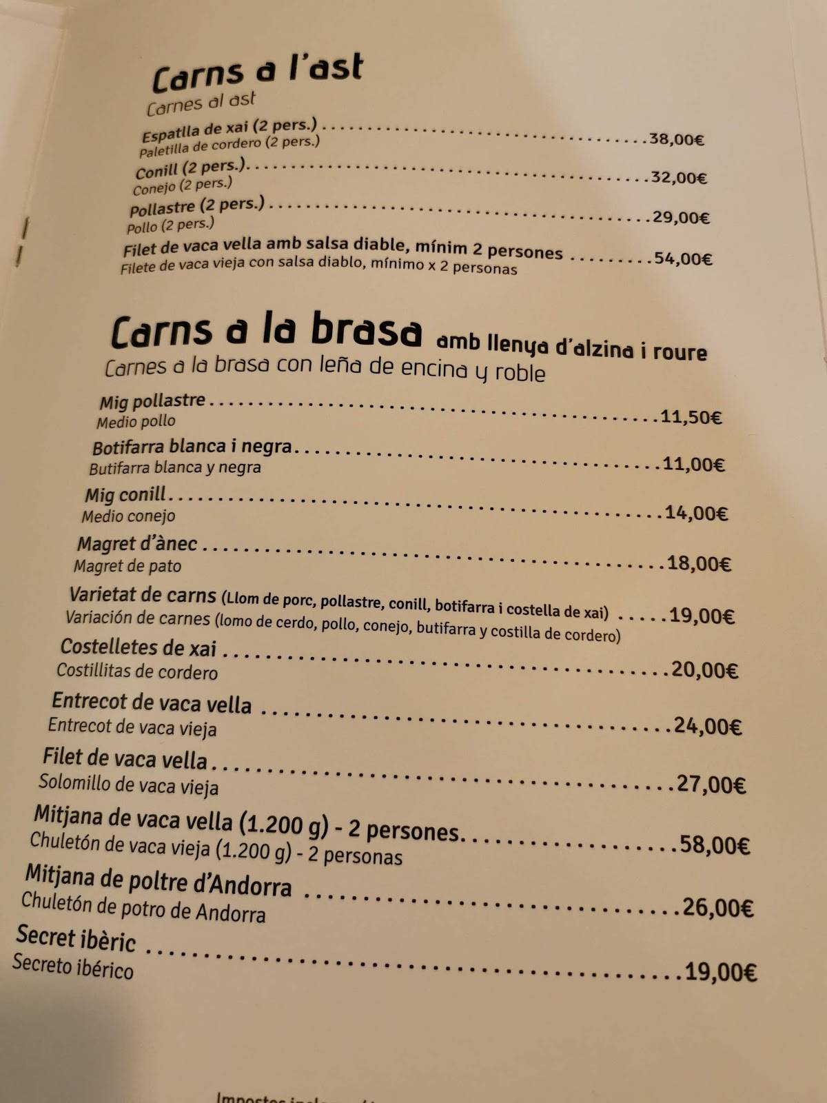 Carta del restaurante La Borda del l Avi, La Massana