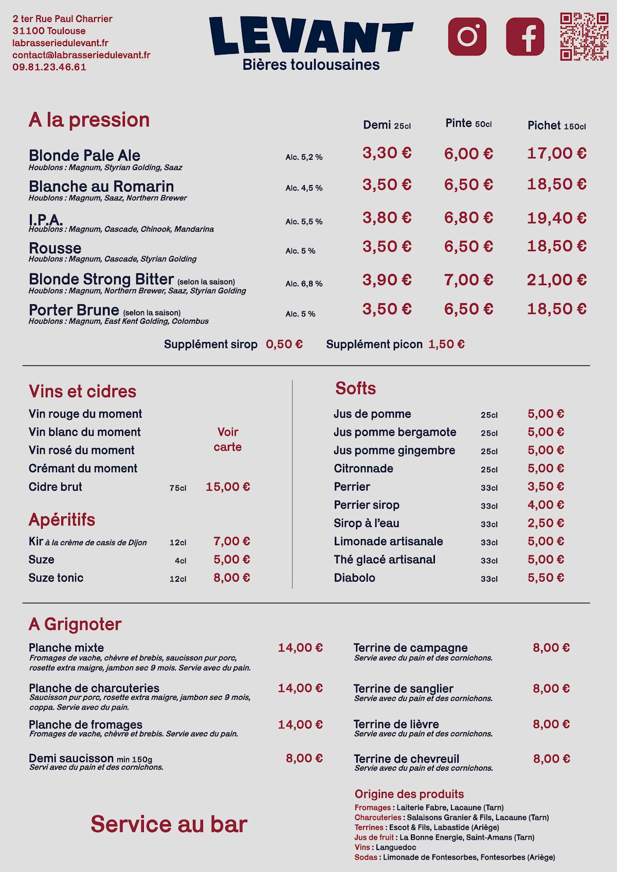 Carta de La Brasserie du Levant, Toulouse