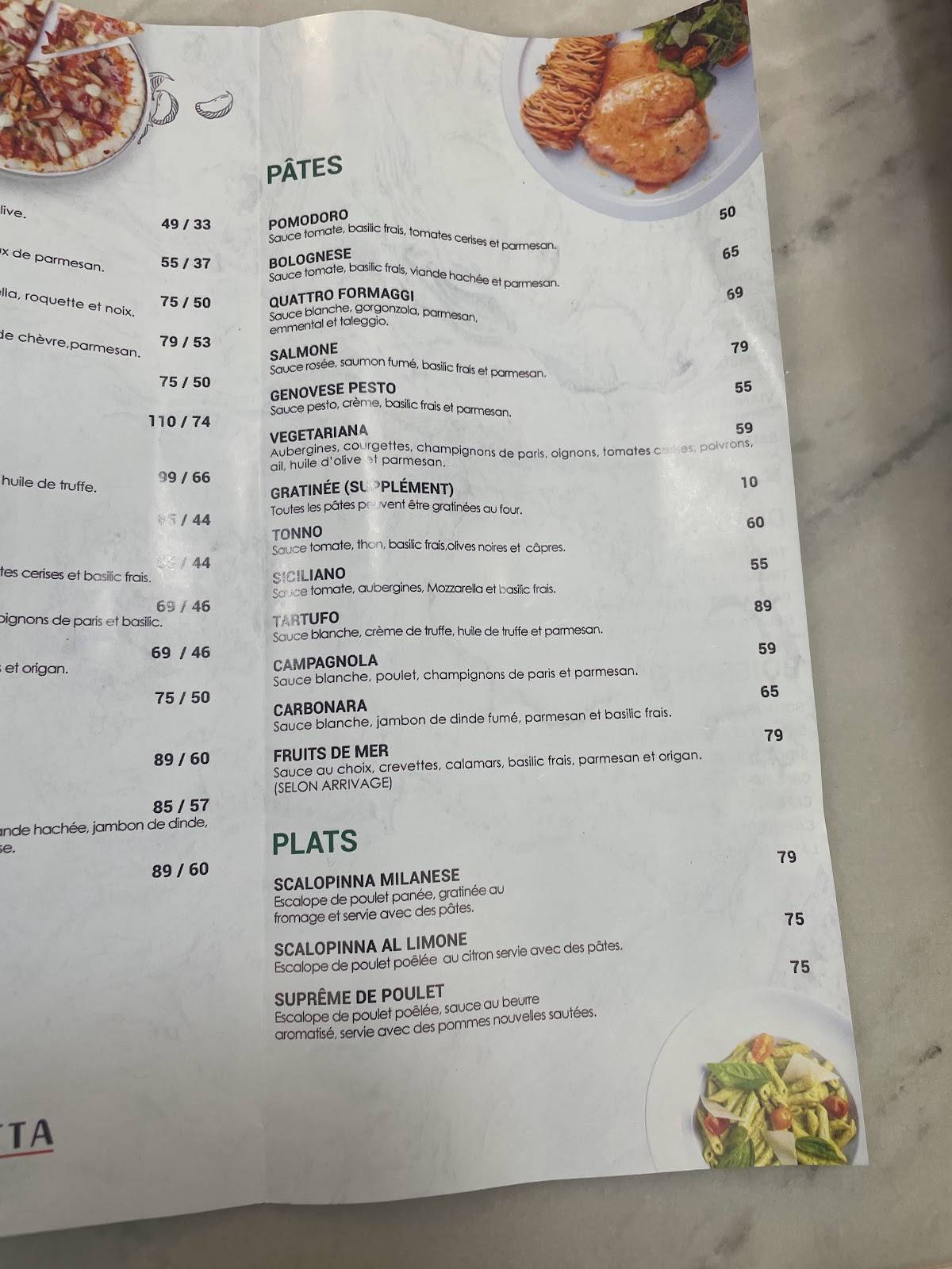 Menu au La Cantinetta restaurant, Casablanca