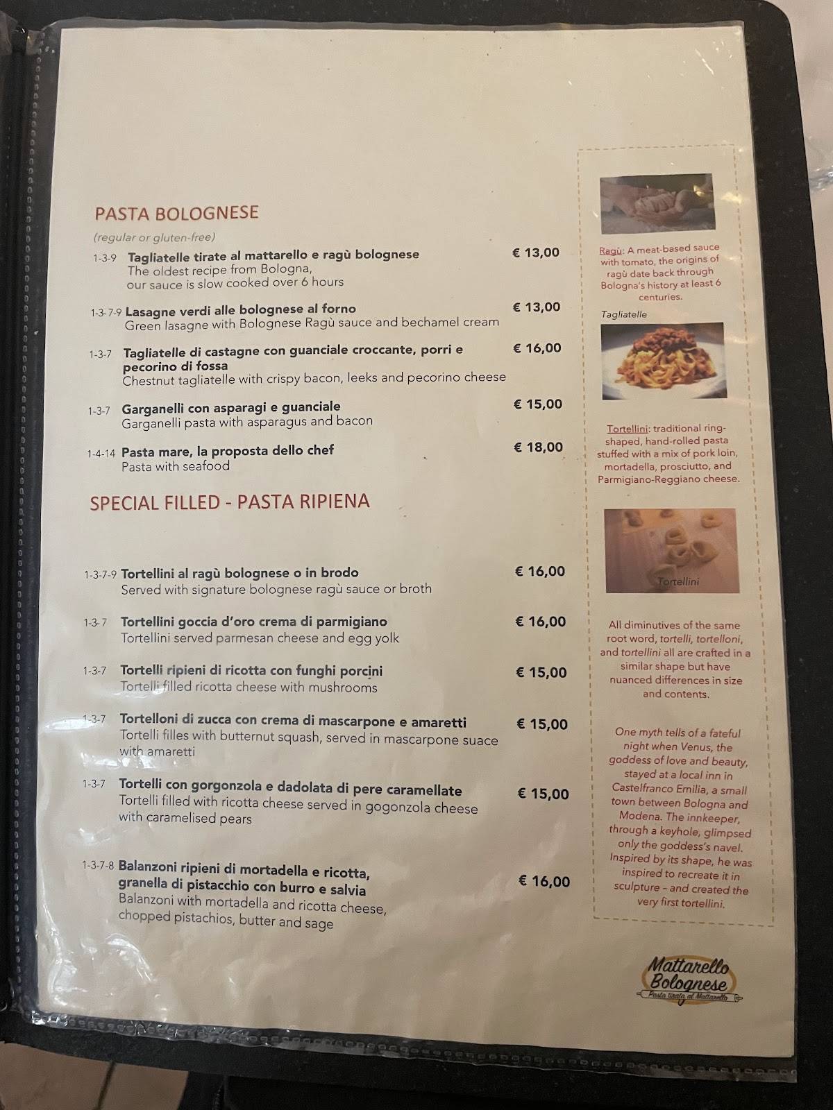 Menu at La Capriata restaurant, Bologna