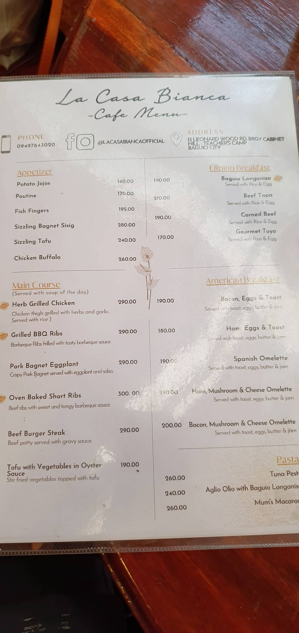 Menu at La Casa Bianca Cafe, Baguio
